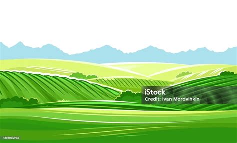 언덕과 초원 목초지의 건초 만들기 농지 녹색 잔디 멀리 있는 산 아름다운 시골 풍경 흰색 배경 위에 격리 벡터 경관에 대한 스톡 벡터 아트 및 기타 이미지 Istock