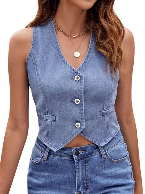 Sladyglo Women Trendy V Neck Buttons Up Sleeveless Denim Vest