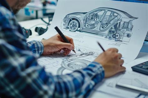 Design Engineer Creating Detailed Car Part Drawing In Automotive Industry Stock Illustration