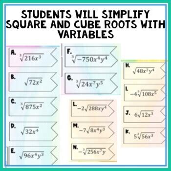 Simplifying Radicals With Variables DIGITAL Puzzle Square Cube Roots