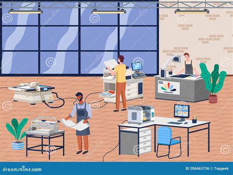 Printing House Equipment Printer Plotter Offset Cutting Machines Man And Woman Workers In