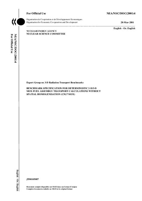 Pdf Benchmark Specification For Deterministic 2 D3 D Mox Fuel Assembly Transport Calculations