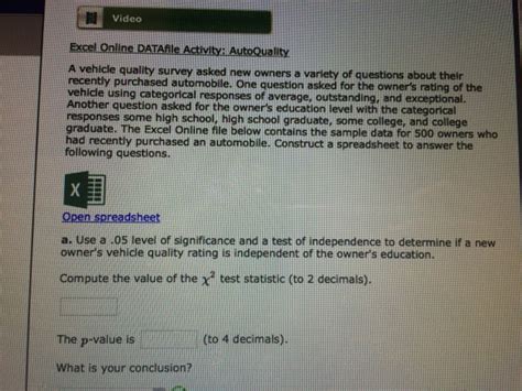 solved video excel online datafile activity autoquality a