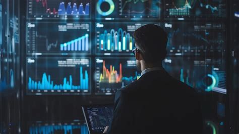 A Businessman Analyzes Data On A Wall Of Screens Premium Ai Generated