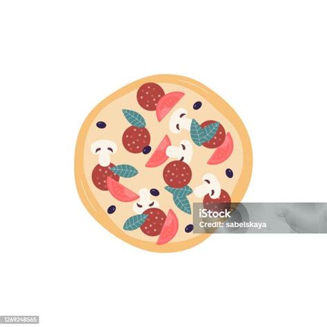소시지와 버섯 플랫 벡터 일러스트가 분리 된 전체 피자의 상단 0명에 대한 스톡 벡터 아트 및 기타 이미지 0명 고기 고추류 Istock