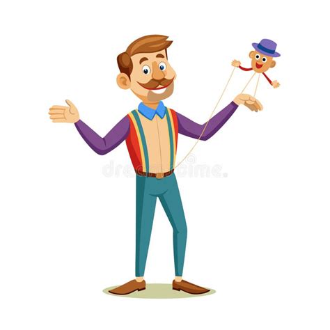 Cartoon Man With Marionette Puppet String Puppet Show Performer Illustration Stock Vector