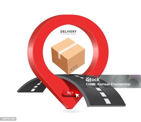 소포 상자 또는 골판지 상자는 빨간색 핀 위치의 중앙을 통과하는 도로에 놓여 있으며 아래에 빨간색 구매 버튼이 있습니다 3차원 형태에 대한 스톡 벡터 아트 및 기타 이미지