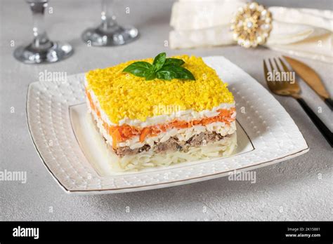 Traditional Russian Puff Salad Mimosa With Canned Fish Potatoes
