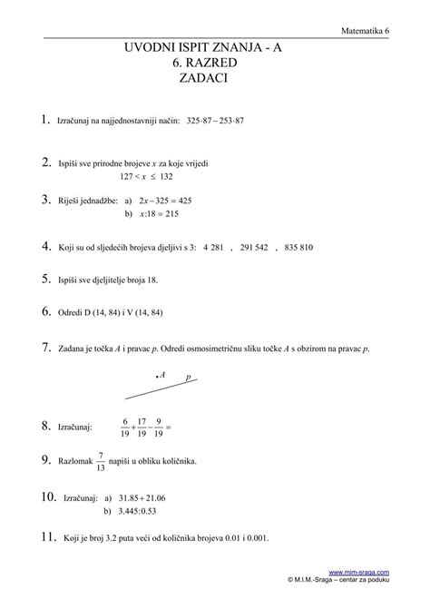 2 Uvodni Ispit Znanja A 6 Razred Zadaci 1 8 Mim Sraga