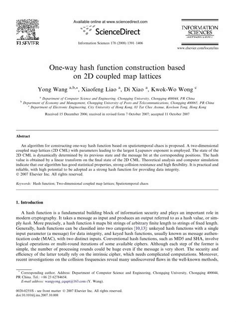 Pdf One Way Hash Function Construction Based On 2d Coupled Map