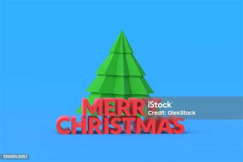 파란색 배경에 녹색 나무 근처 비문 메리 크리스마스 새해 복 많은 새해 축하 개념 3d 렌더 12월에 대한 스톡 사진 및 기타 이미지 Istock