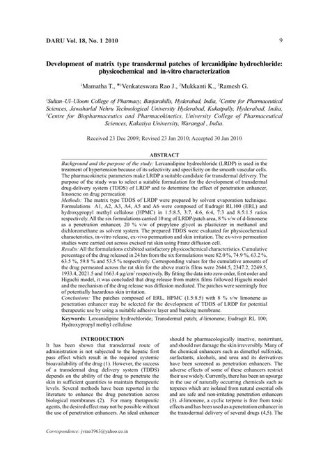 Pdf Development Of Matrix Type Transdermal Patches Of Lercanidipine Hydrochloride