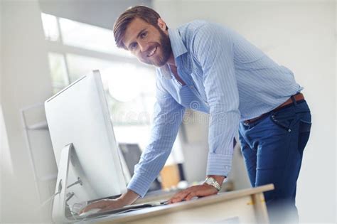 Happy Man Computer And Portrait In Office Online Administration And