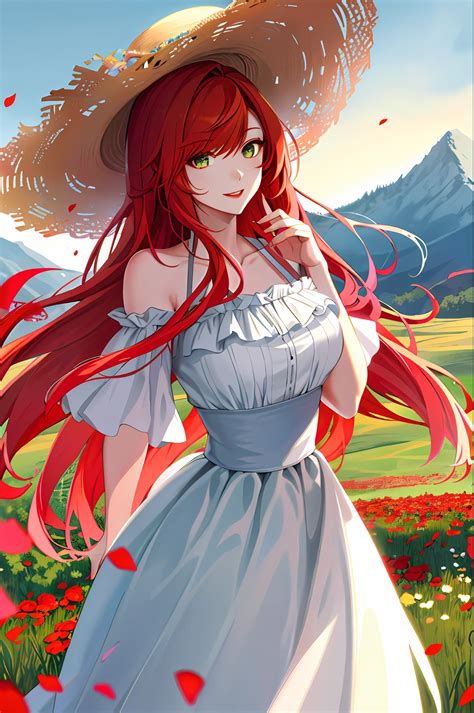 드레스와 모자를 쓴 여자가 꽃밭에 서 있다 Seaart Ai