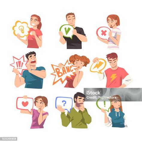젊은 남성과 여성은 자신의 손 세트에 연설 채팅 거품을 들고 사람들이 통신 메시징 채팅 만화 벡터 일러스트 개체 그룹에 대한