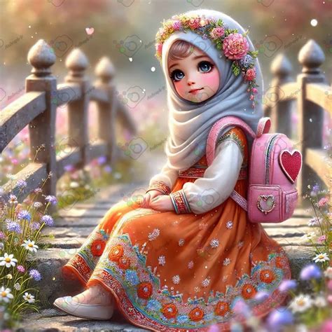 بک گراند کودکانه دختر کوچولوی ناز با حجاب نشسته روی پل سنگی کد 43747