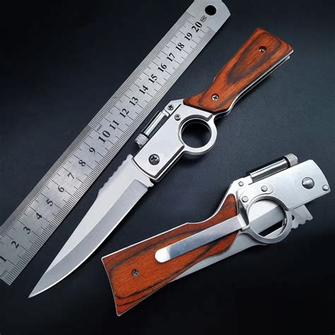 Ak47 모양의 포켓 전술 칼 접는 나이프 나무 손잡이 스테인레스 스틸 캠핑 야외 서바이벌 나이프 Edc 도구 Led 라이트 Aliexpress