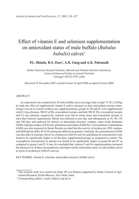 Pdf Effect Of Vitamin E And Selenium Supplementation On Antioxidant Status Of Male Buffalo