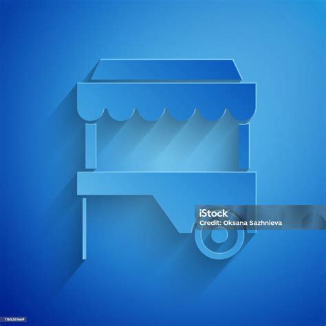 종이 파란색 배경에 고립 된 어닝 아이콘 패스트 스트리트 푸드 카트를 잘라 도시 키오스크 종이 아트 스타일입니다 벡터 일러스트레이션 0명에 대한 스톡 벡터 아트 및 기타