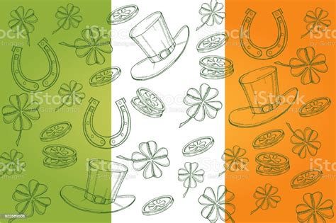 해피 세인트 패 트 릭의 날입니다 손으로 그린 기호 스케치 스타일 조각 개체와 배경 아일랜드 플래그입니다 배너 전단지 브로셔입니다 휴일 엽서 웹 사이트에 대 한 배경 3월에