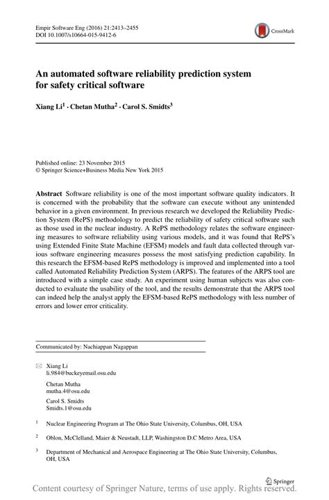 an automated software reliability prediction system for safety critical