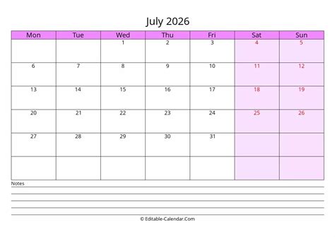 Download Free Editable Calendar July 2026 With Notes Monday Start