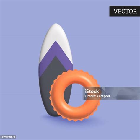 서핑 보드와 풍선 반지 3d 아이콘은 만화 스타일입니다 서핑 보드 수영장과 바다를 위한 풍선 링은 보라색 배경에 고립되어 있습니다 3차원 인쇄에 대한 스톡 벡터 아트 및