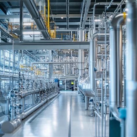 산업용 공장 내부에 여러 개의 수전해 장치가 정렬되어 있는 모습 현대적인 기계와 배관들이 복잡하게 얽혀 있으며 깨끗하고
