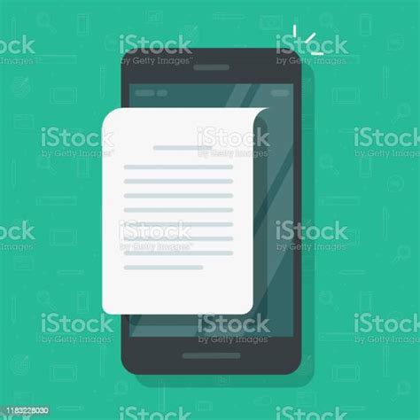 문자 메시지 또는 휴대 전화 벡터 일러스트레이션 종이 페이지 또는 화면에 편지가있는 문서 시트가있는 평면 만화 스마트 폰 이메일 대응 현대 디자인 이미지 0명에 대한 스톡