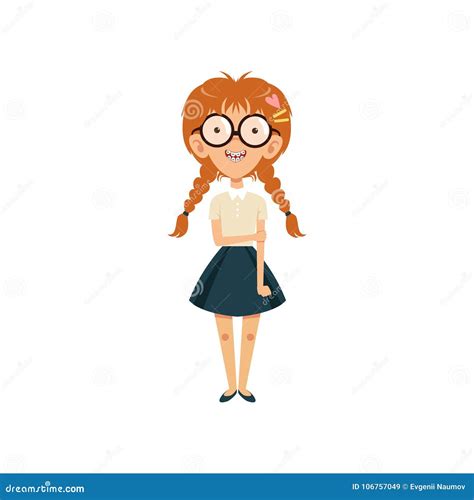 Schuw Schoolmeisje Met Gelukkige Gezichtsuitdrukking Nerdmeisje Met