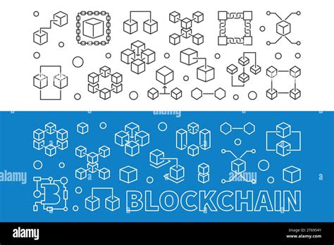 Blockchain Cryptocurrency Outline Banners Set Block Chain Vector Illustration In Thin Line
