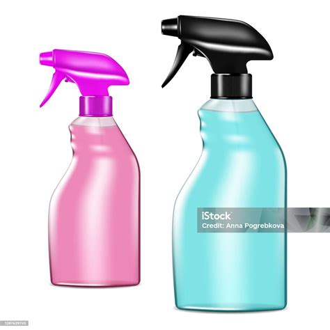 흰색 배경에 고립 된 액체로 채워진 컬러 투명 플라스틱 미스트 스프레이 병 사실적인 벡터 일러스트 용기를 분무하고 펌프 분무기를
