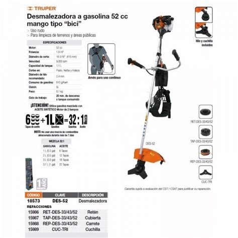 Desbrozadora Gasolina Truper 1 9hp 52cc Tipo Bici 18573