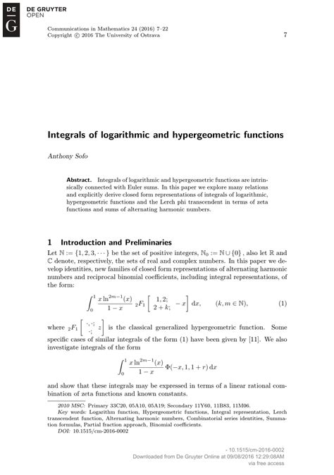 Pdf Integrals Of Logarithmic And Hypergeometric Functions