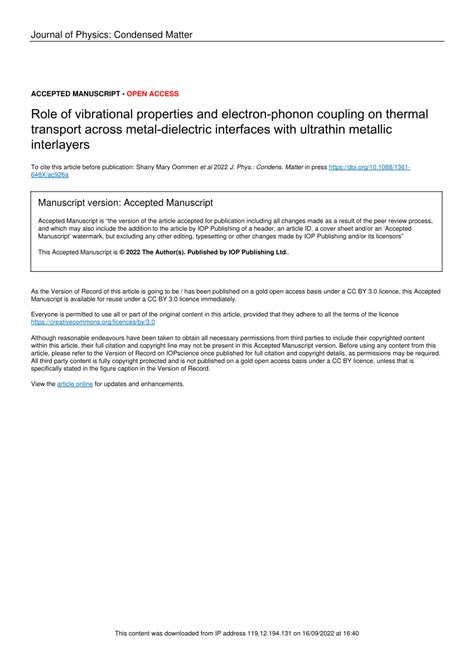 Pdf Role Of Vibrational Properties And Electron Phonon Coupling On Thermal Transport Across