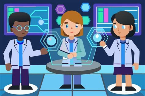 Students Using Holographic Displays For Data Visualization In The Lab Vector Illustration