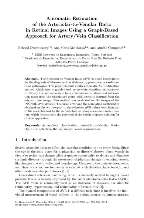 Pdf Automatic Estimation Of The Arteriolar To Venular Ratio In Retinal Images Using A Graph