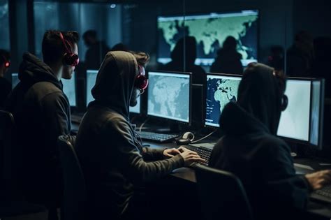 Pessoas Em Uma Sala Escura Com Computadores E Um Mapa Múndi Na Tela Foto Premium