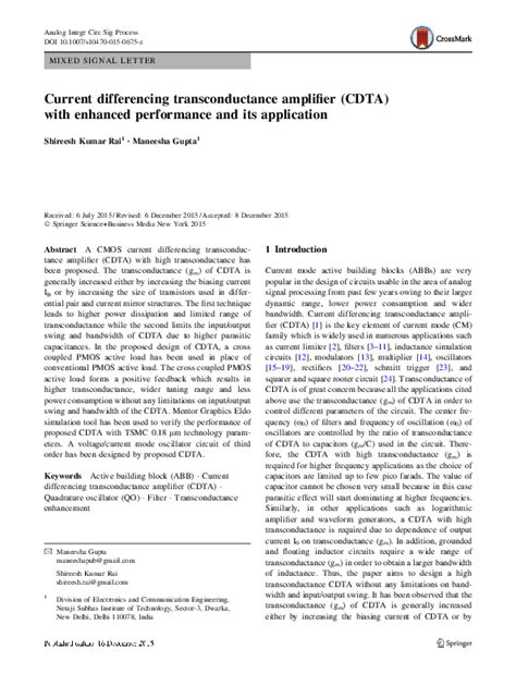 Pdf Current Differencing Transconductance Amplifier Cdta Based Current Mode Quadrature