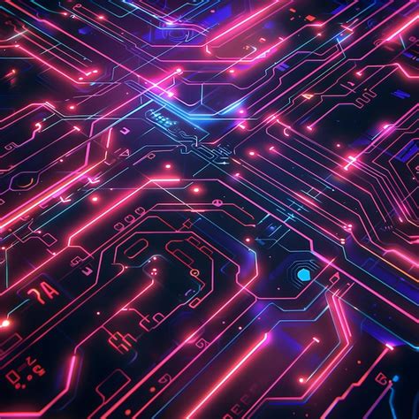 Abstract Neon Circuit Board Pattern With Pink And Blue Lines Premium