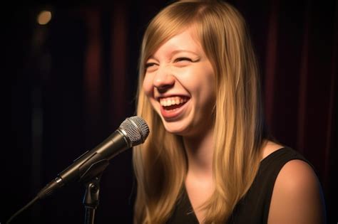 Premium Ai Image A Young Woman Holding A Microphone And Smiling At You Created With Generative Ai