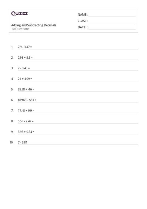 50 Subtracting Decimals Worksheets For Grade 6 On Quizizz Free And Printable