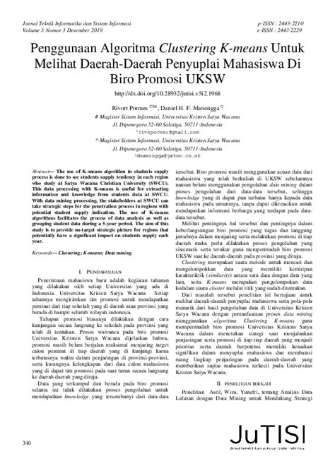 Pdf Penggunaan Algoritma Clustering K Means Untuk Melihat Daerah Daerah Penyuplai Mahasiswa Di