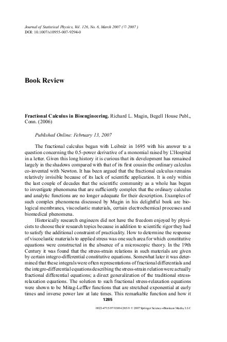 Pdf Fractional Calculus In Bioengineering