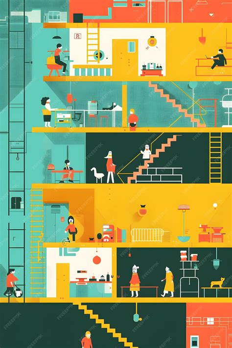 Illustrated Modern Multilevel Apartment Building Interior Design With People Premium Ai