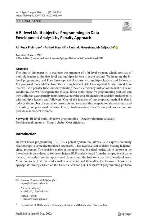 Pdf A Bi Level Multi Objective Programming On Data Envelopment Analysis By Penalty Approach