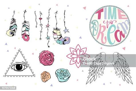 손 집합 Boho 디자인 요소 깃털 꿈 캐처 화살표 레터링 마법의 히피 요소를 포함 하 여 그려 부족 컬렉션입니다 개체 그룹에 대한 스톡 벡터 아트 및 기타 이미지 Istock