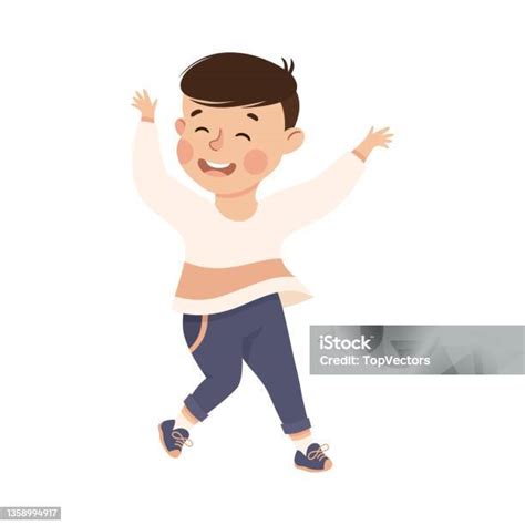 행복한 소년 점프 와 기쁨 과 손 올라 응원 과 데 재미 벡터 일러스트 개념에 대한 스톡 벡터 아트 및 기타 이미지 개념