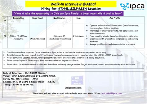 Maintenance Walk In For Ipca Laboratories Silvassa Pharma Interview