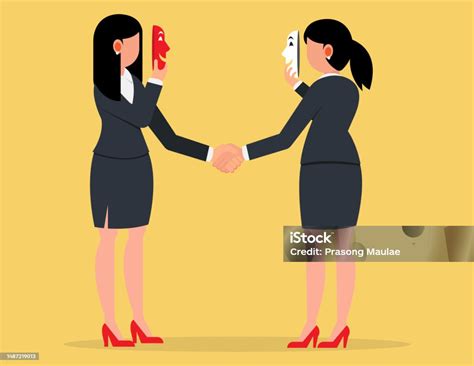 거짓말 쟁이 또는 의심 사기 배신 또는 위장 거래 두 명의 비즈니스 여성이 실제 생각을 숨기기 위해 마스크를 들고 악수 가짜